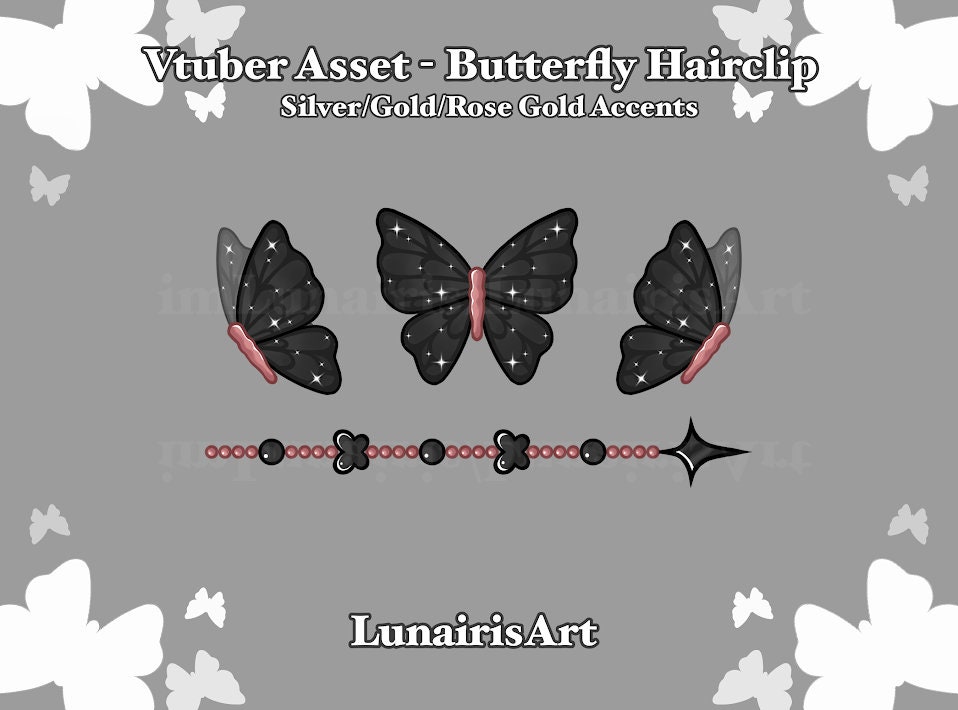 Vtuber Asset ⋄ Black Butterfly Hair Clips/accessories ⋄ PNG + Rigged ...