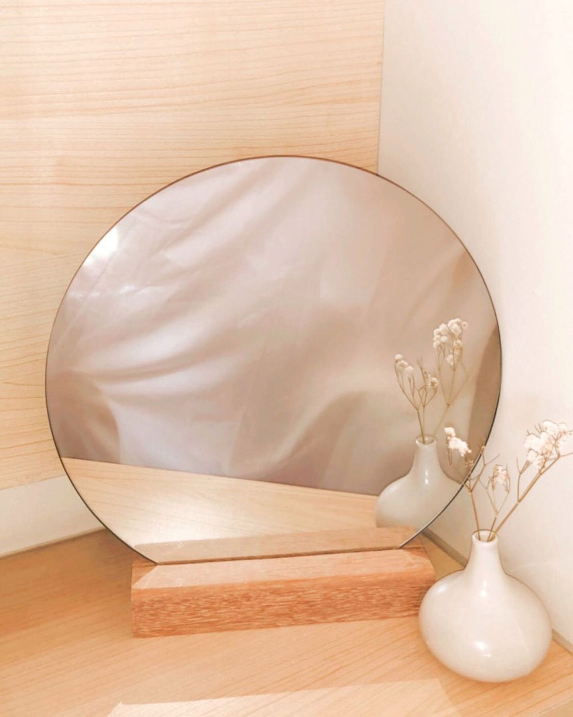 Round Mirror Wooden Base, Mirror Real Glass, Table Top Decor, Glass ...