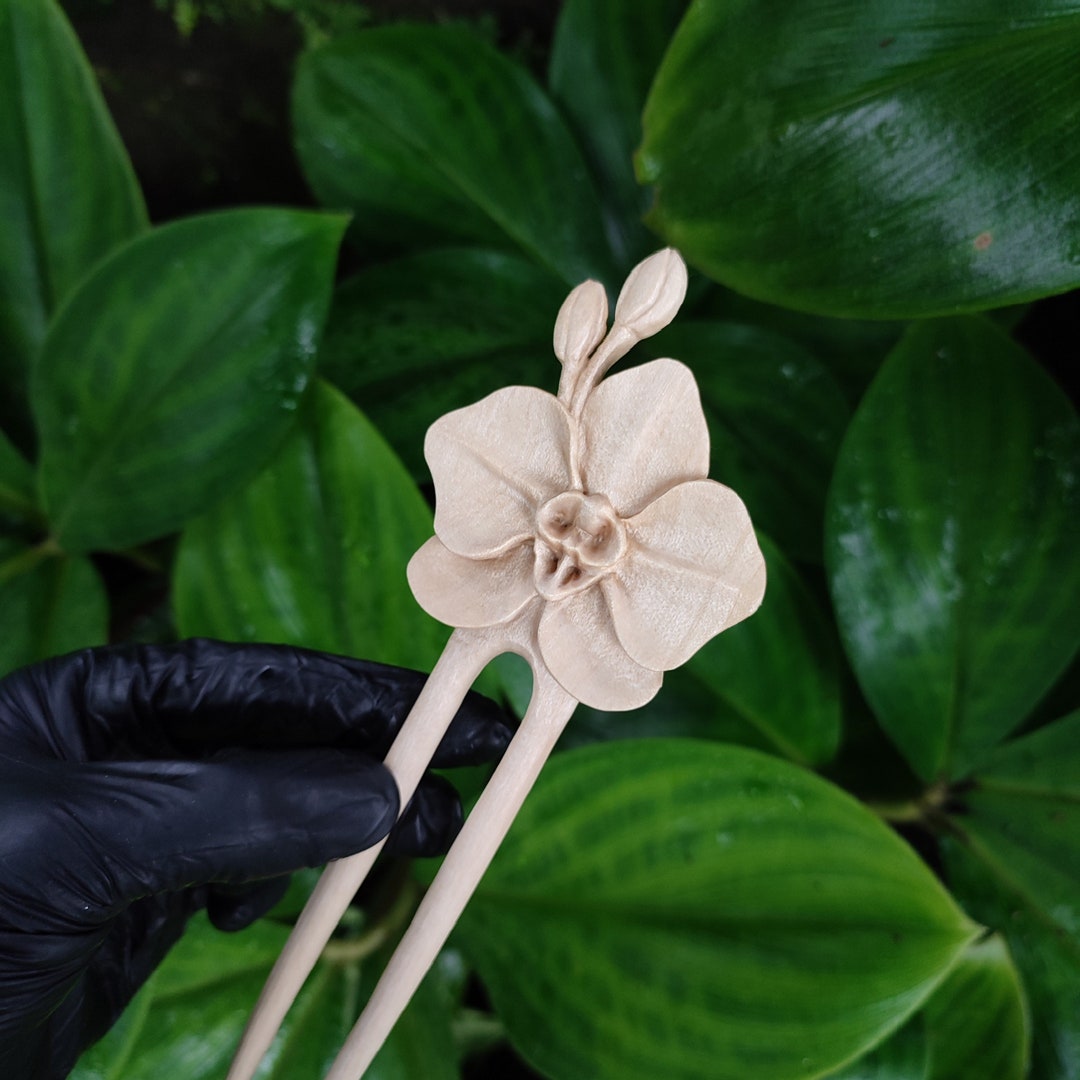 Wooden Orchid Flower Hair Stick Wood Hair Fork Hair Pin Hand Carved ...
