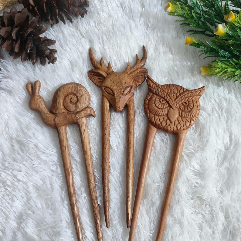3 Hand-carved Suar Wood Hair Sticks | Owl, Deer, Snail Bun Holder ...