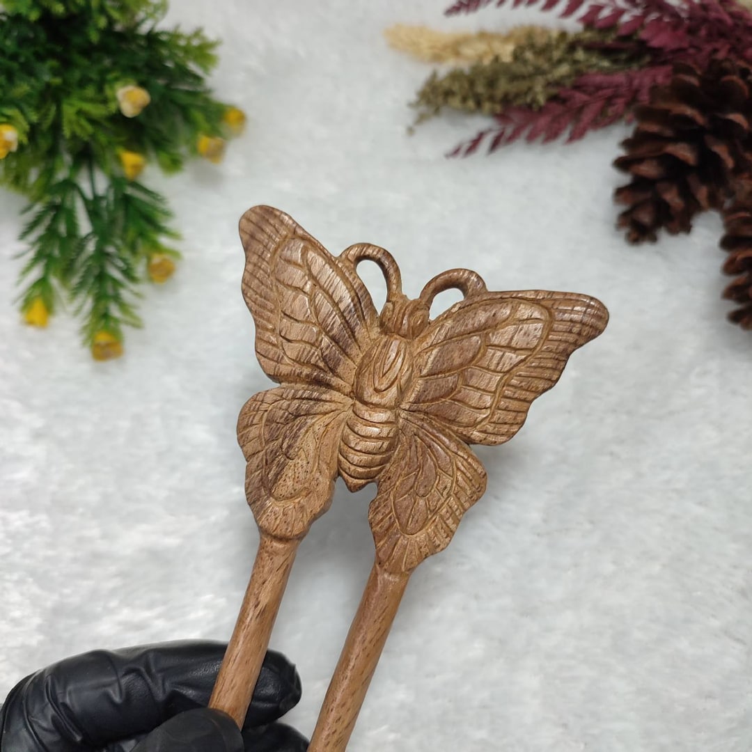 Wood Hair Stick Hair Pin Hair Fork Hand Carved Butterfly Hair Fork Wood ...