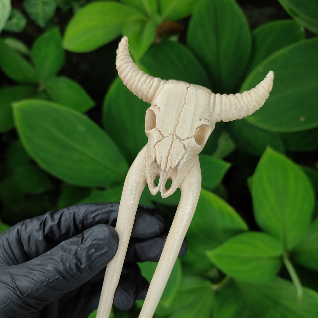 Hand Carved Buffalo Skull Hair Pin: Crocodile Wood Gothic Hair Fork ...