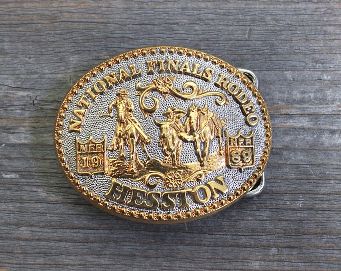 Hesston 1989 NFR Gold & Silver SMALL Team Roping Belt Buckle never Worn ...