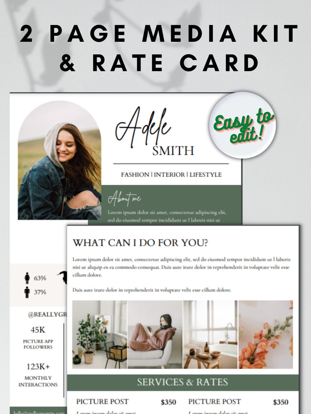 2 Page Media Kit & Rate Card Template + Bonus Instagram Influencer ...