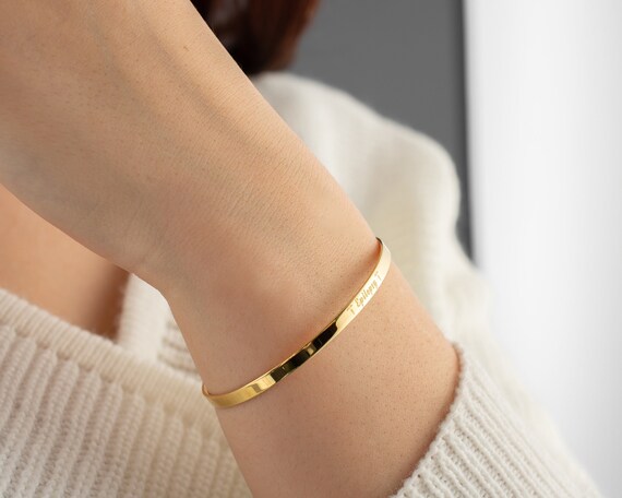 14K Real Solid Gold 3MM Personalized Handcuff Bangle Bracelet - Etsy