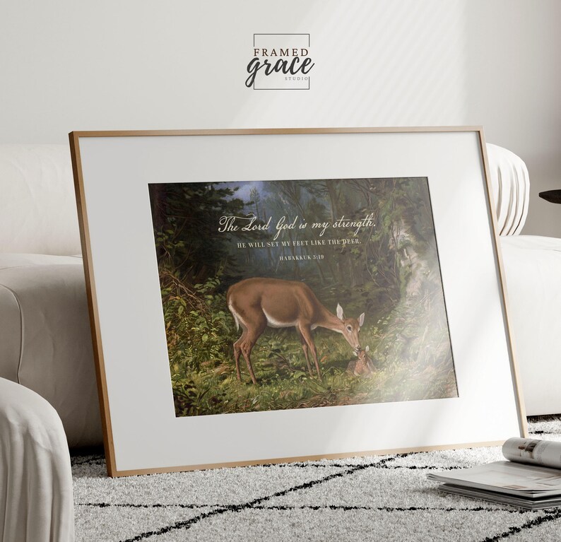 Habakkuk 3:19 Deer Art Bible Verse Print, Vintage Christian Wall Art ...