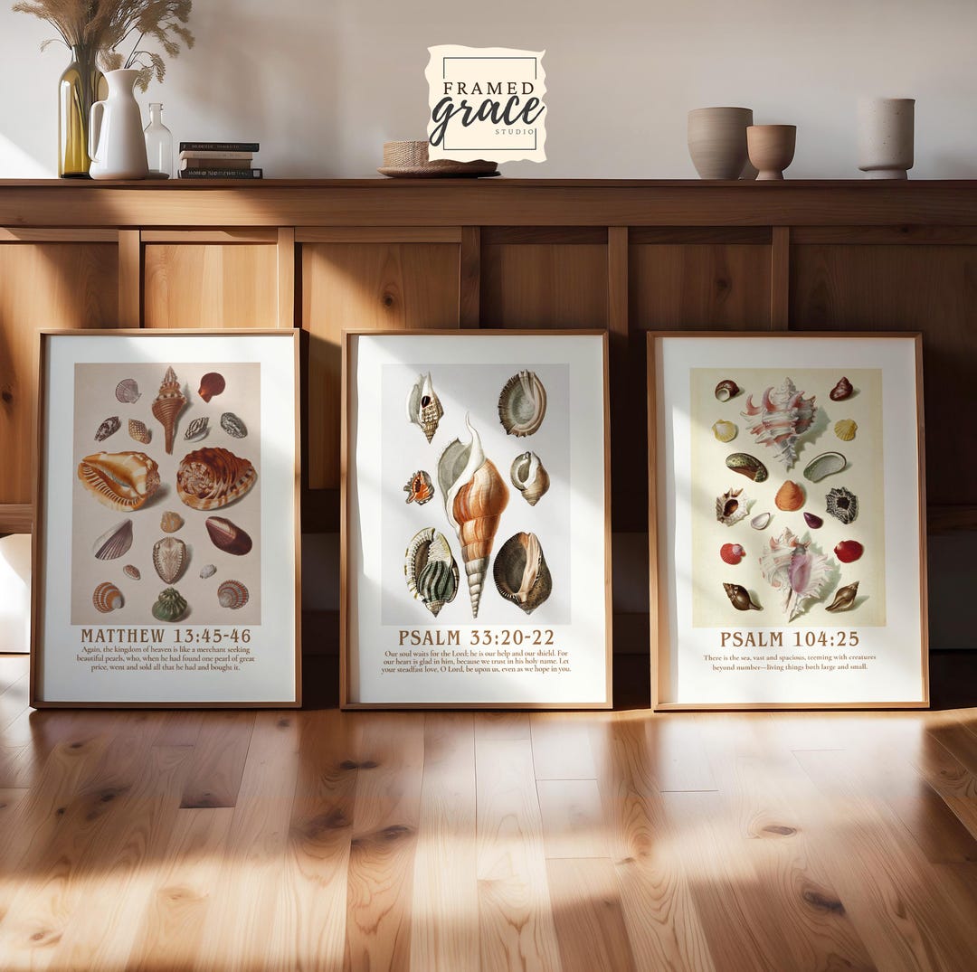 Seashell Prints Christian Set of 3, Palms Bible Verse Print, Matthew 13 ...