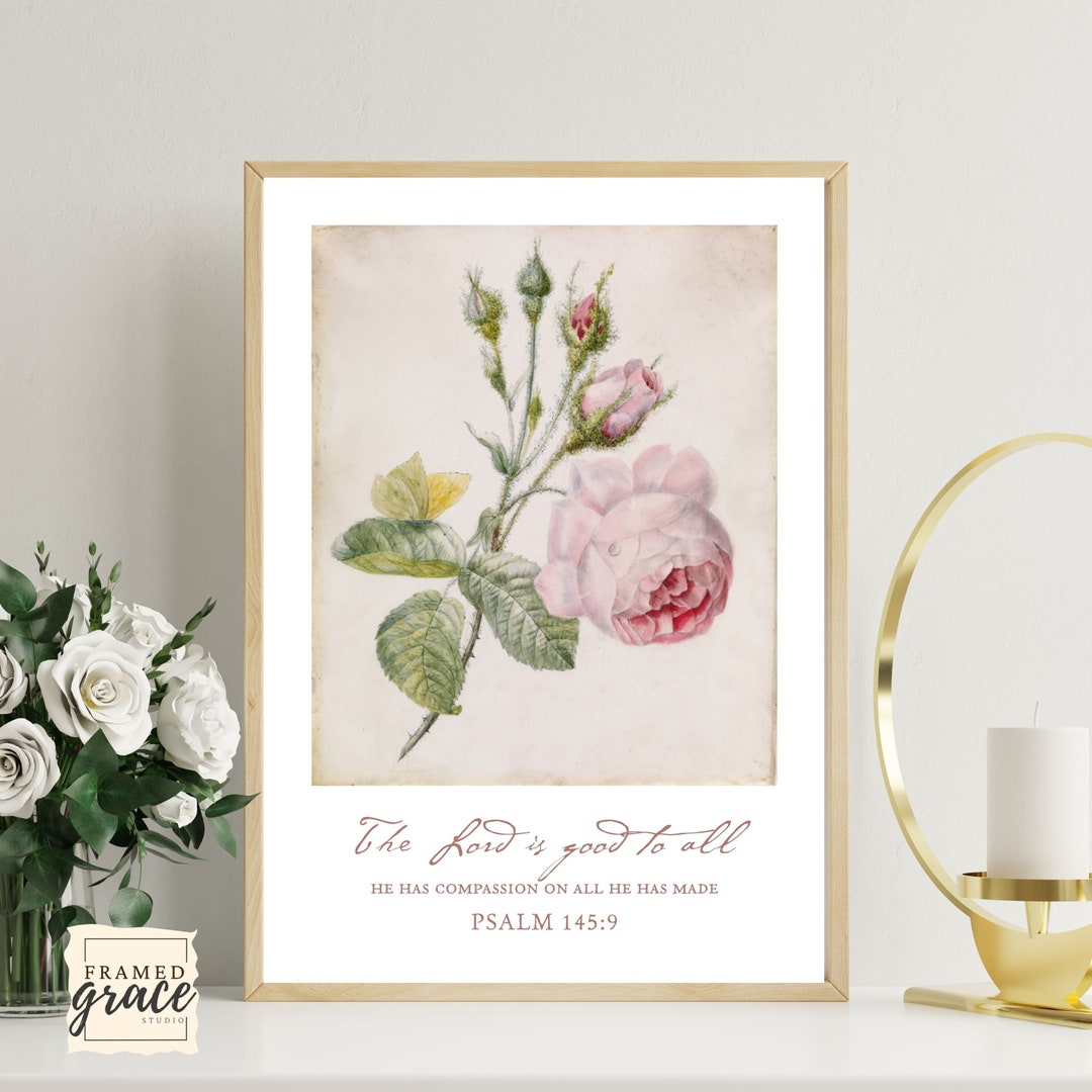 Christian Pink Rose Wall Art, Psalm 145, Vintage Scripture Printable ...