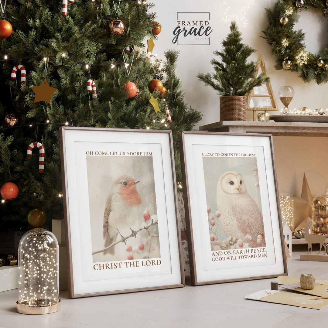 Christmas Birds Prints Set of 2, Winter Birds Wall Set, Scripture ...