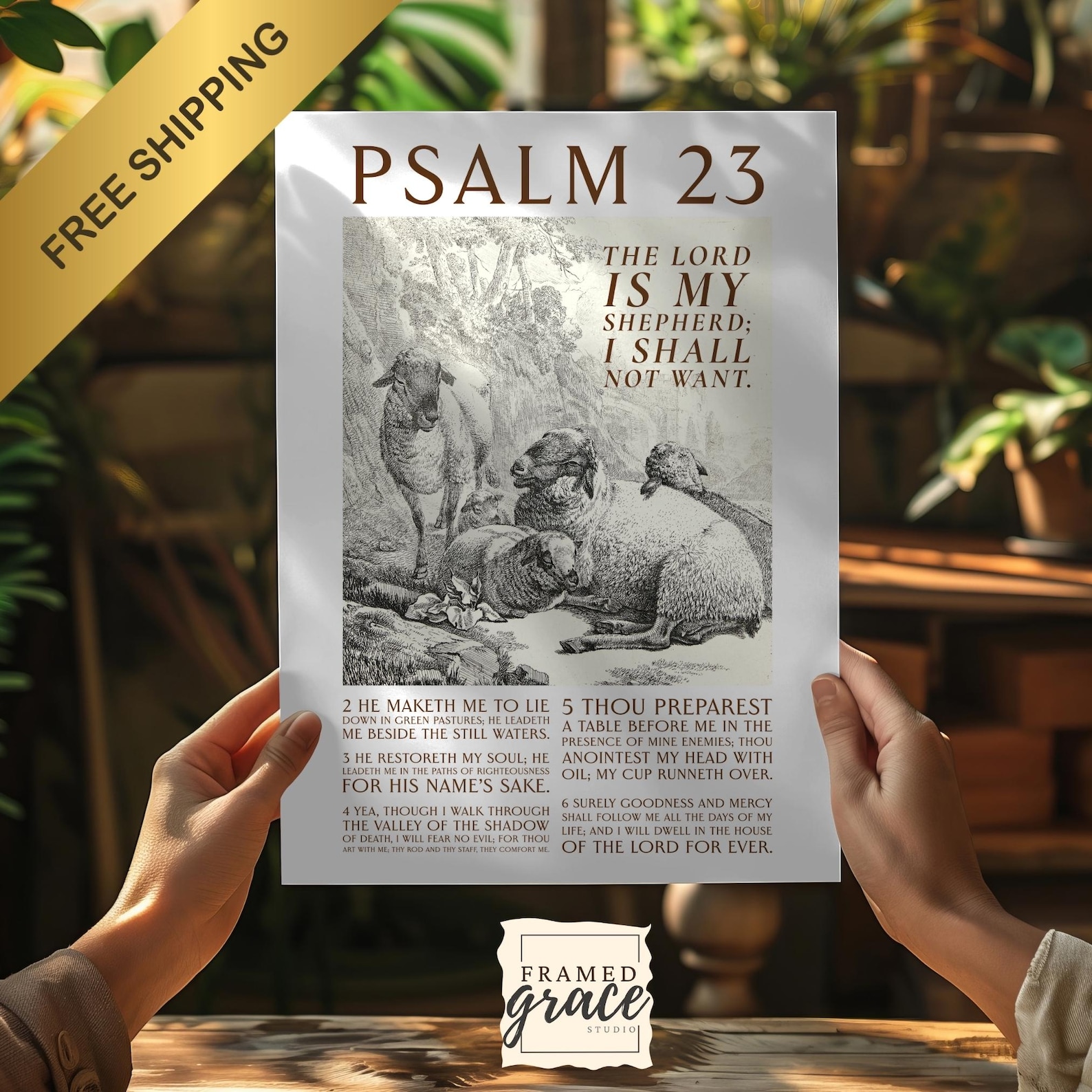 Psalm 23 KJV Wall Art Vintage Sheep Illustration, Christian Scripture ...