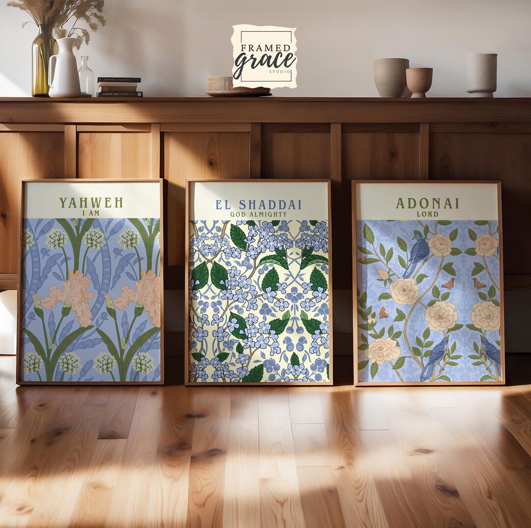 Adonai, Yahweh, El Shaddai Christian Wall Art Bundle, Blue Pink Gods ...