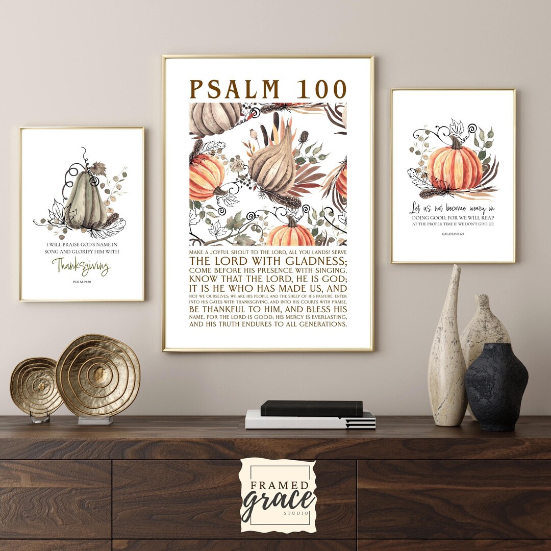 Psalm 100 Fall Christian Set of 3, Bible Verse Print, Vintage Pumpkin ...