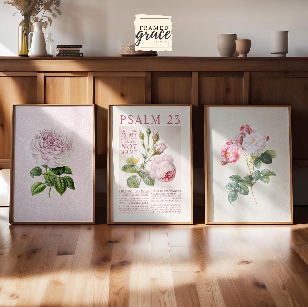 Psalm 23 Christian Set of 3, Bible Verse Print, Pink Roses Scripture ...