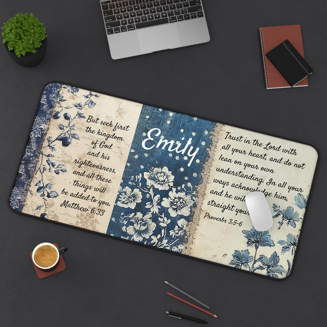 Personalized Christian Desk Mat, Blue Floral Scripture Desk Pad ...