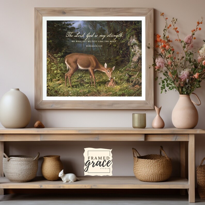 Habakkuk 3:19 Deer Art Bible Verse Print, Vintage Christian Wall Art ...