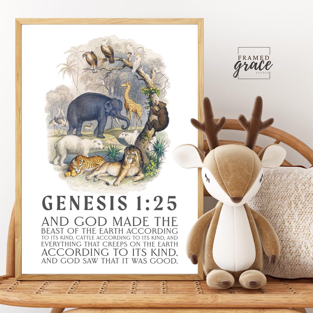 Genesis 1:25 Beasts, Vintage Christian Nursery Poster, Scripture Decor ...