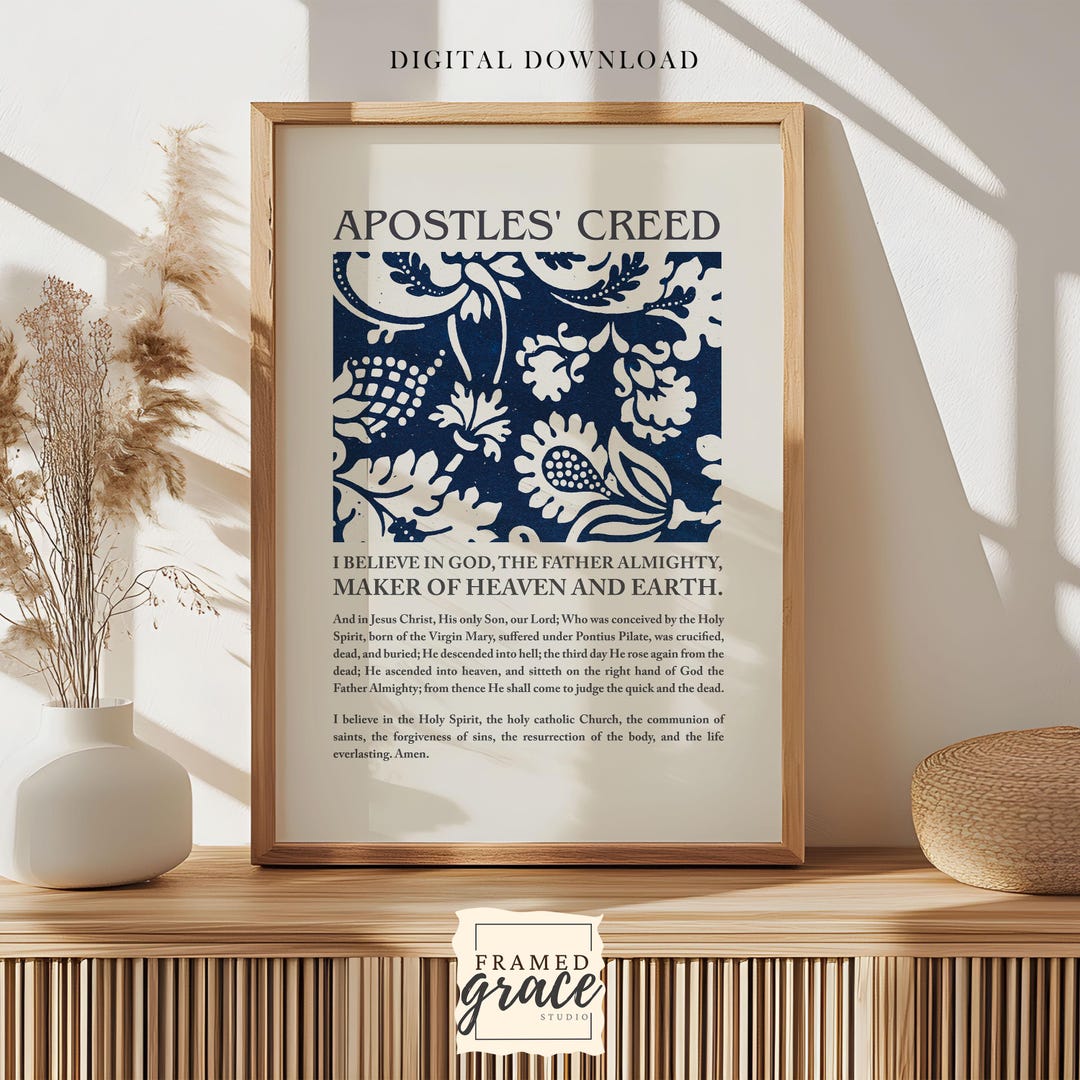Apostles’ Creed Christian Wall Art, Blue Floral Print, Scripture Prayer ...