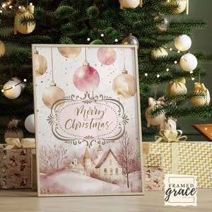 MERRY CHRISTMAS Pink Wall Art, Pastel and Gold Christmas Art, Holiday ...
