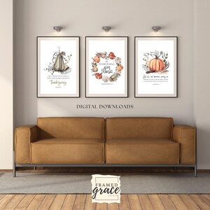 Give Thanks Christian Set of 3, Bible Verse Print, Vintage Fall Pumpkin ...