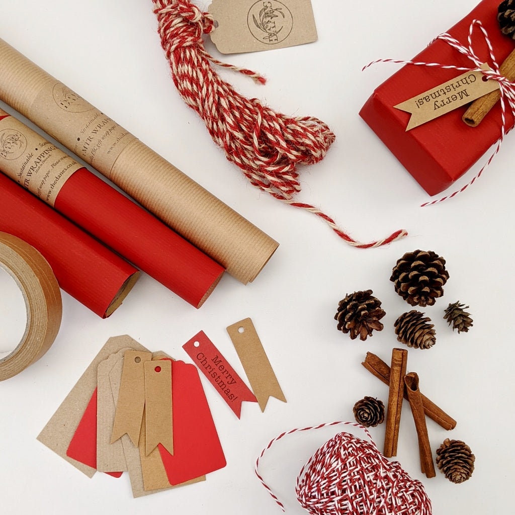 Red and Kraft Christmas Gift Wrap Set Recyclable Incl Rolls of Red ...