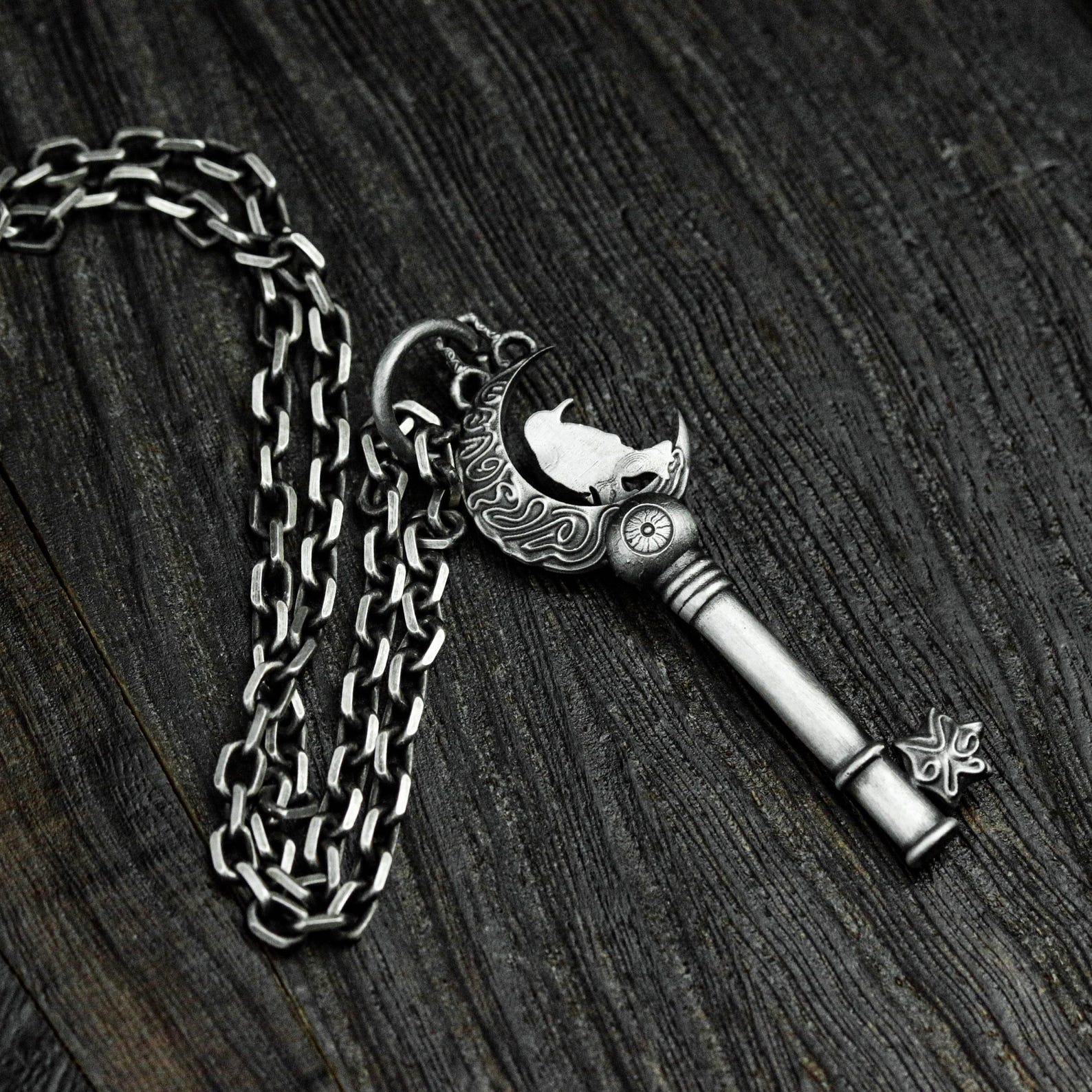 Sterling Silver Moon Crow Key Pendant Necklace - Unisex Jewelry - Etsy
