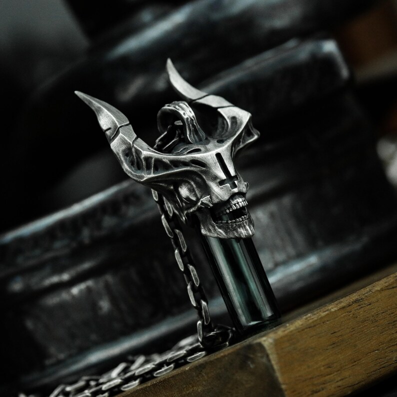 Hell Demon Glass Ceremony Urn Silver Pendant Necklace - Pagan Memorial ...