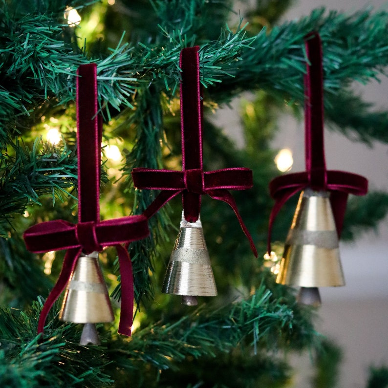 Christmas Tree Bell Ornaments Brass Holiday Decor – 3 Piece Set, Small ...