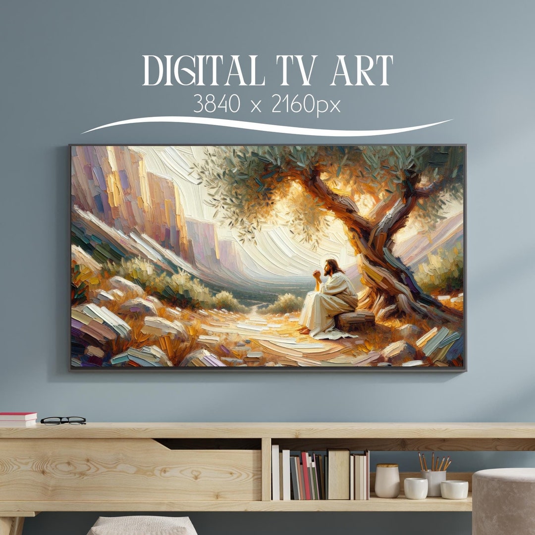 Christian TV Frame Art - Jesus in the Garden Praying Under Olive Tree ...