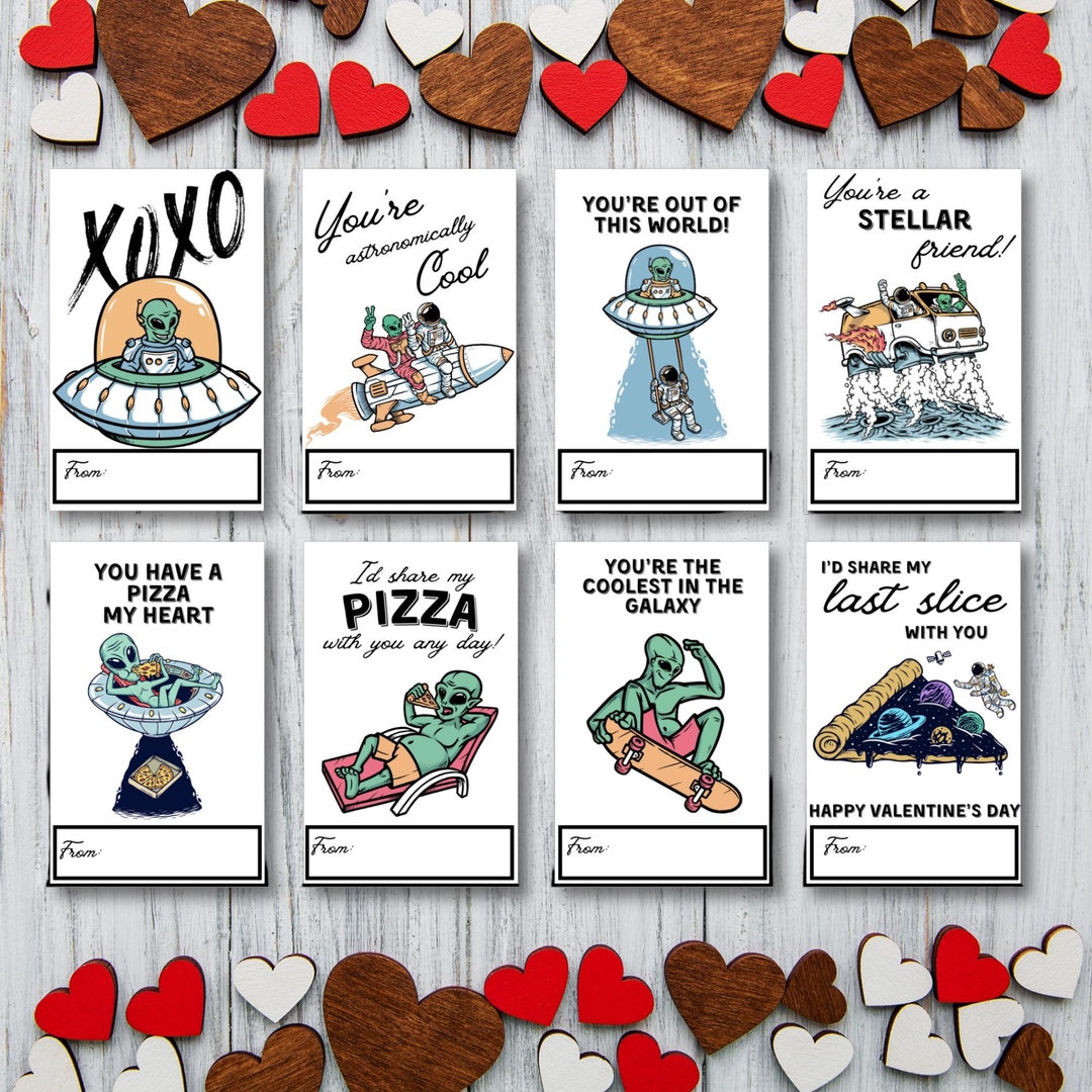 Printable Alien Pizza Valentine's Day Cards for Kids & Teens - Boy ...