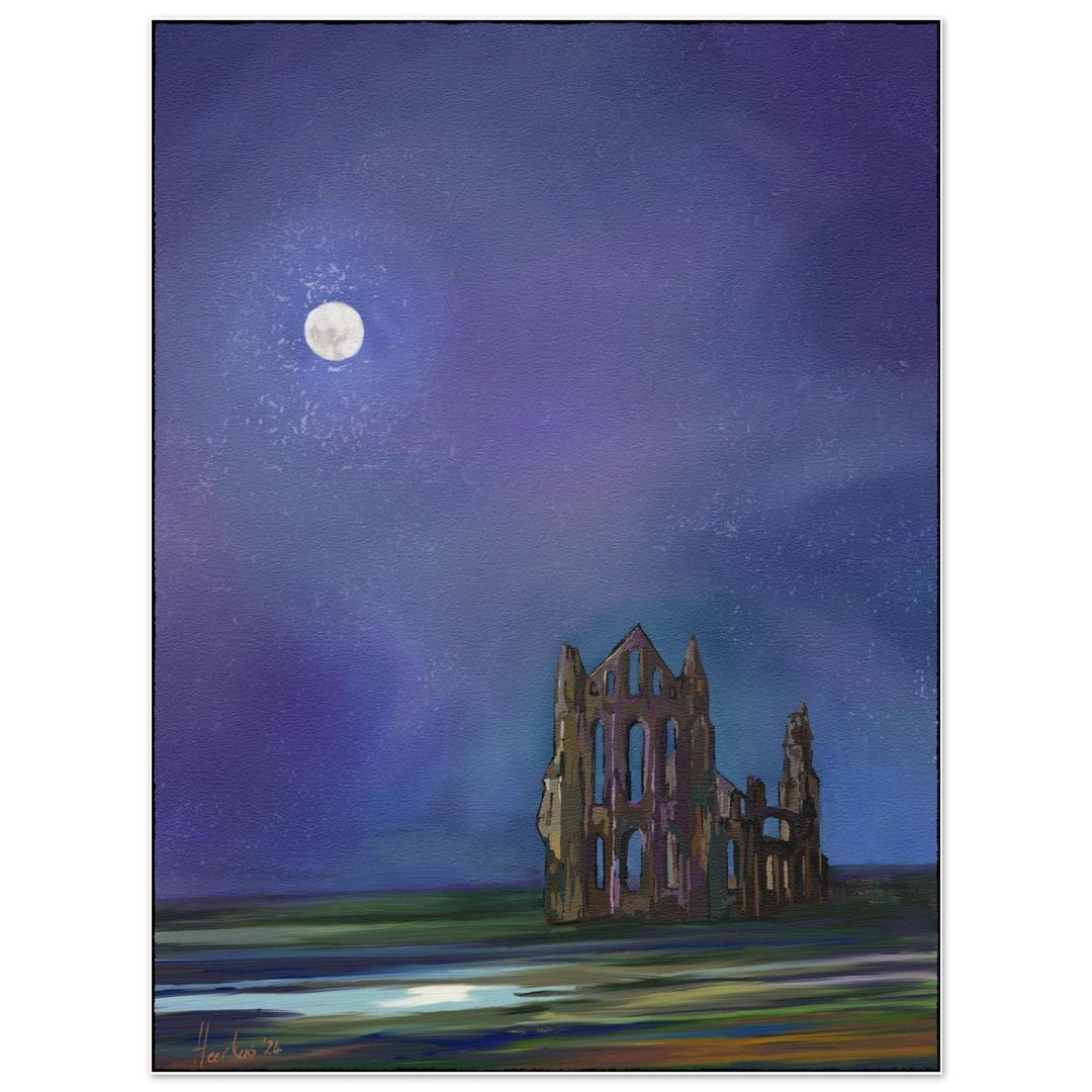 Whitby Abbey Ruins Poster – Night Scene Digital Painting With Full Moon ...