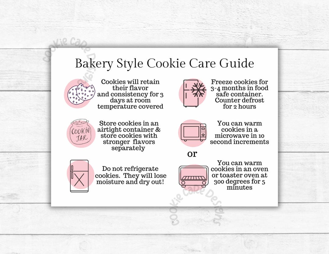 Bakery Style Cookie Care Guide Cards - Pink Printable Cookie Packaging ...