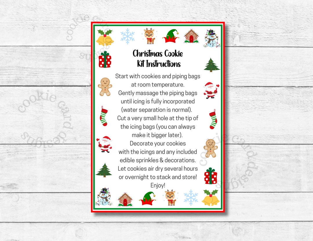 Christmas Cookie DIY Cookie Kit Instruction Cards - 3.5" X 5"- Instant ...