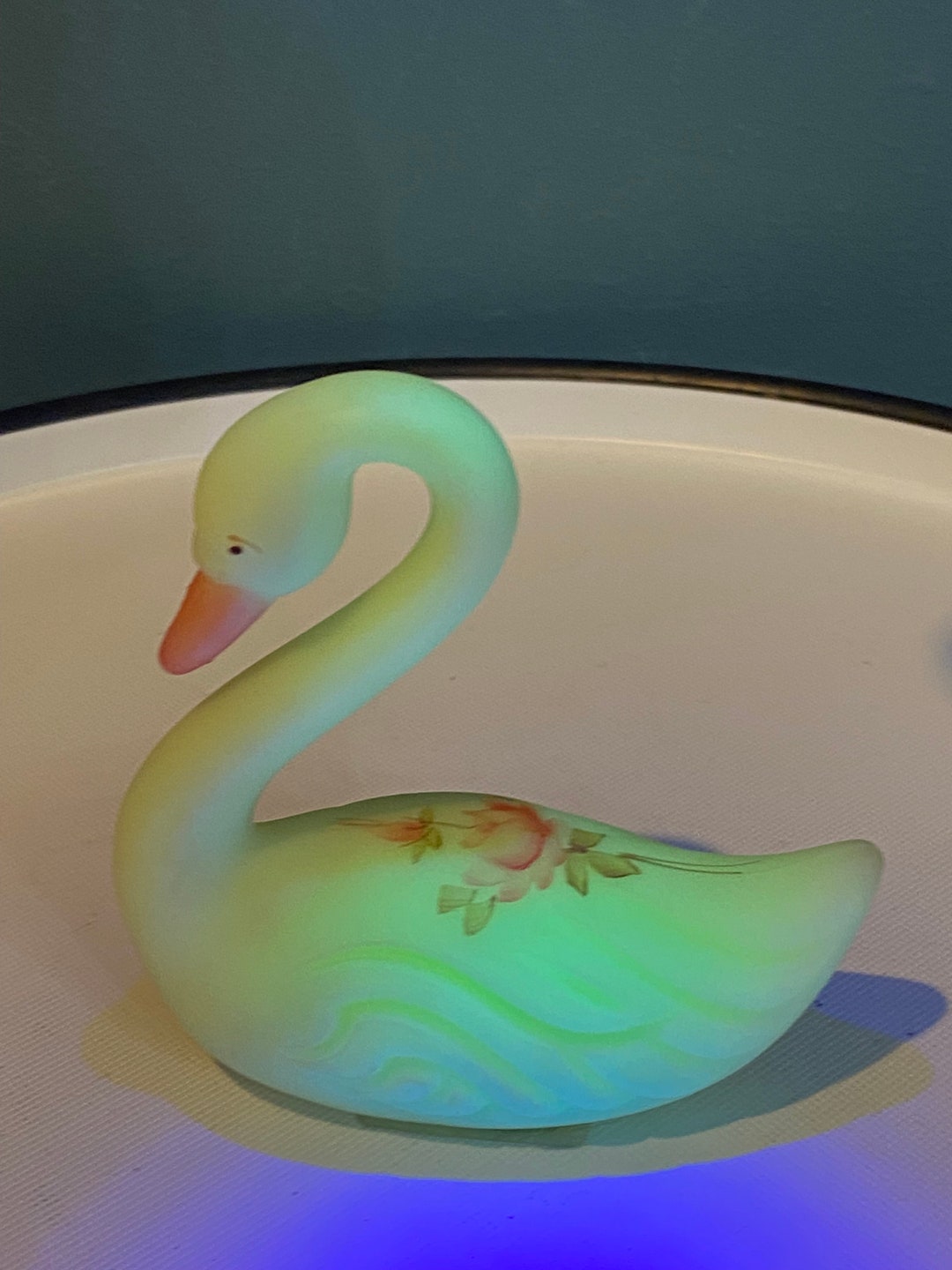 Vintage Fenton SWAN Hand Painted Uranium Flowers SATIN Custard Signed 4 ...