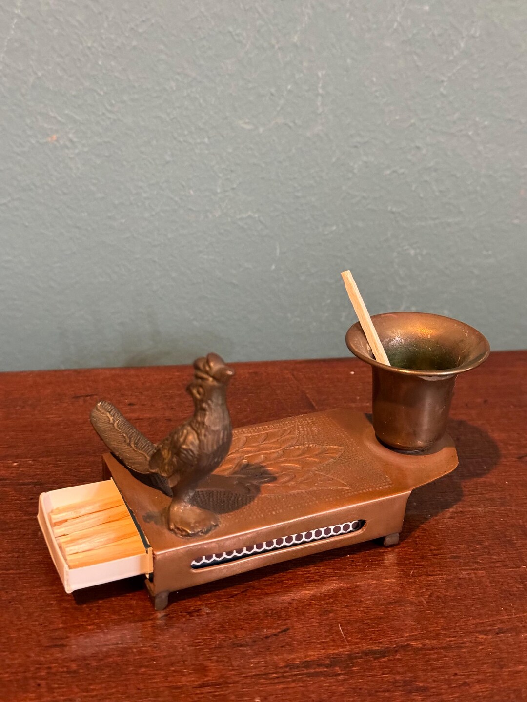 Vintage Copper / Brass Matchbox Match Box Candle Holder Lamp Peacock ...