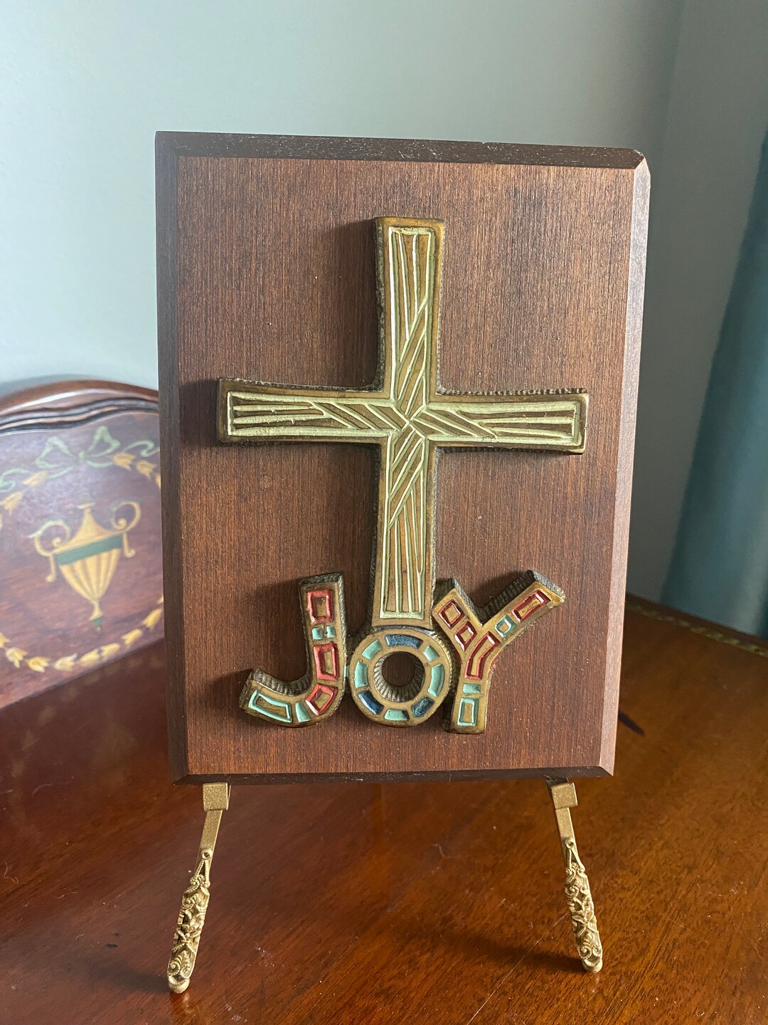 Terra Sancta Guild Joy Cross Sign Plaque Brass Wood Enamel Wall Art ...