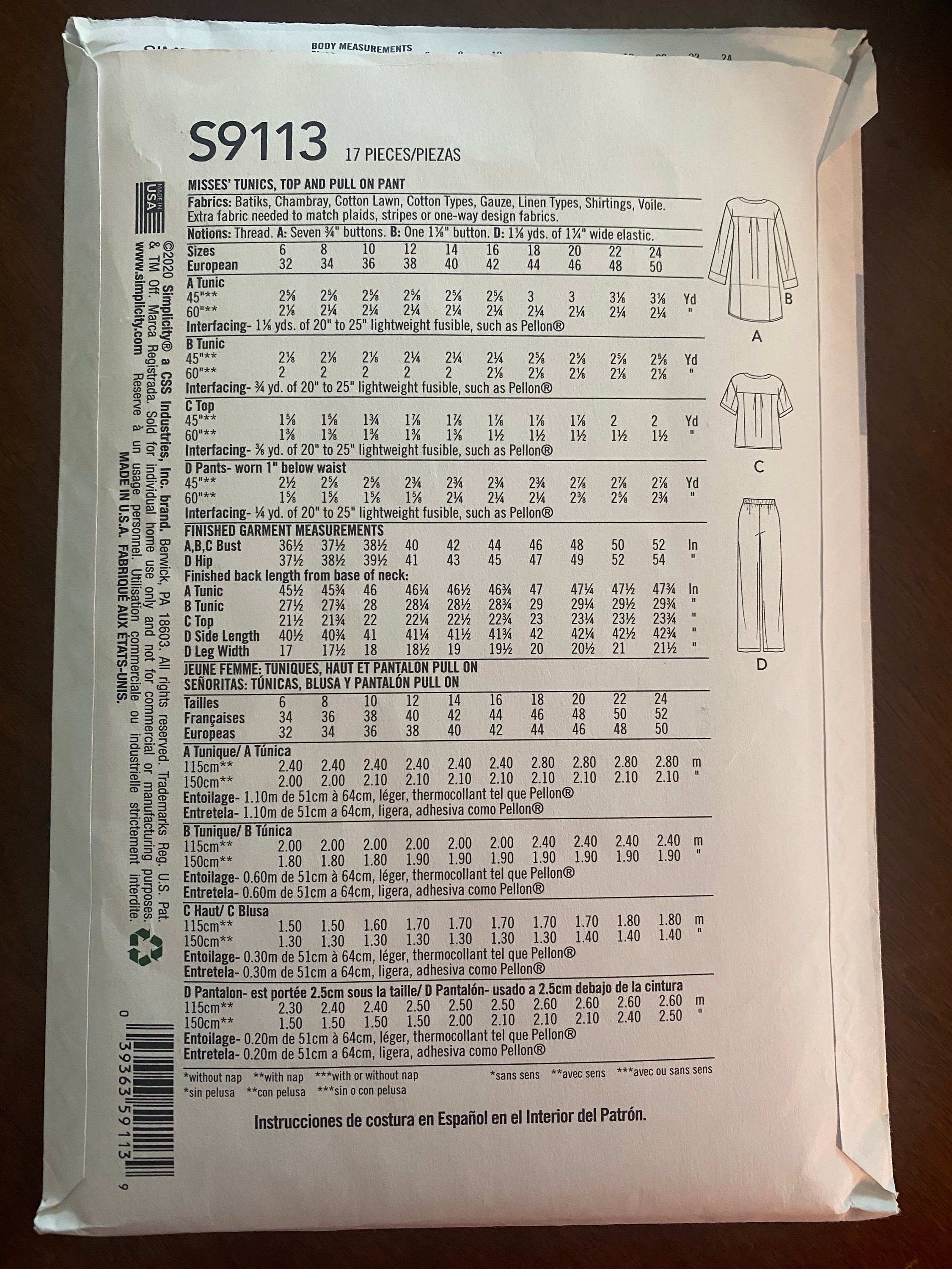 Simplicity 9113 S9113 Sewing Pattern for Women's Top, Tunic, and Pants ...