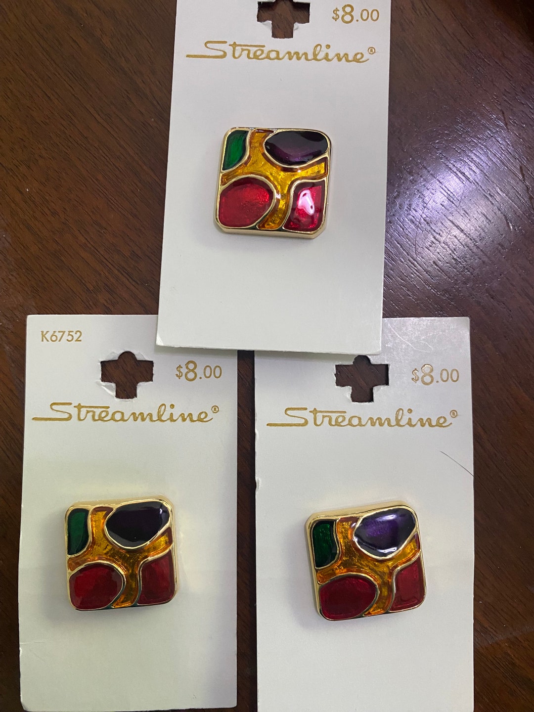 Lot of 3 NOS Streamline Square Buttons Gold With Yellow, Red, Purple ...