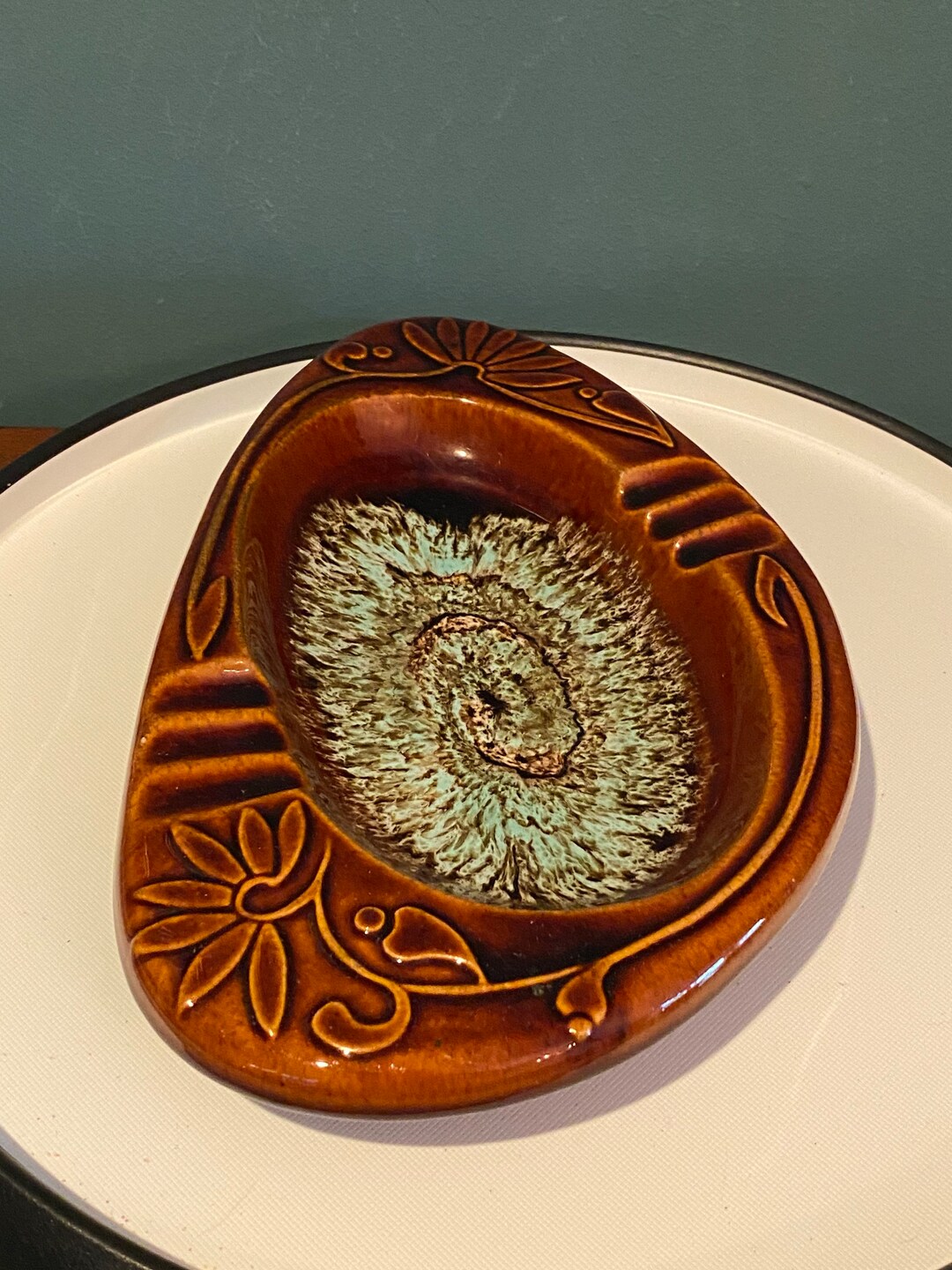 Vintage LARGE Mid Century Pottery Abstract Kidney Ashtray Drip Glazed ...