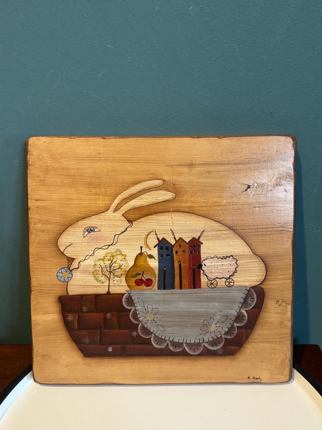 Vintage Hand Painted Wood Folk Art Bunny Rabbit on Nest Wall Decor ...