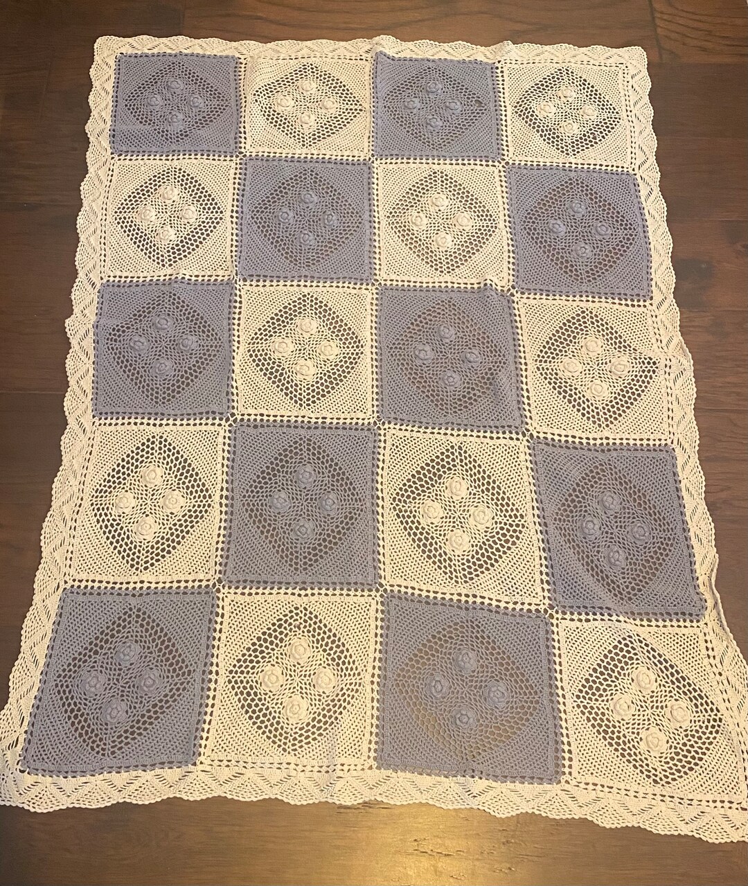 Vintage Cream and Cornflower Blue Knit Cotton Throw 40x 52 READ - Etsy