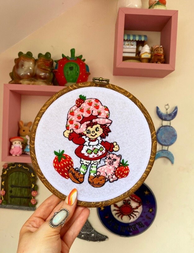 Vintage Strawberry Shortcake Hand Embroidery Wall Hanging, Strawberry ...