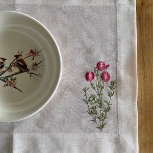 Hand Embroidery Placemats Set, Wildflower Linen Tablepad, Pink Flower ...