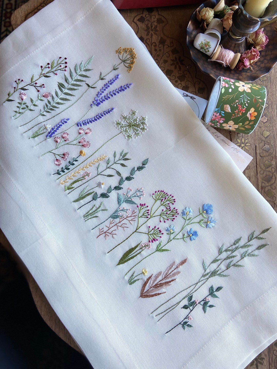 Hand Embroidered Wildflowers Linen Table Runner, Cottagecore Farmhouse ...