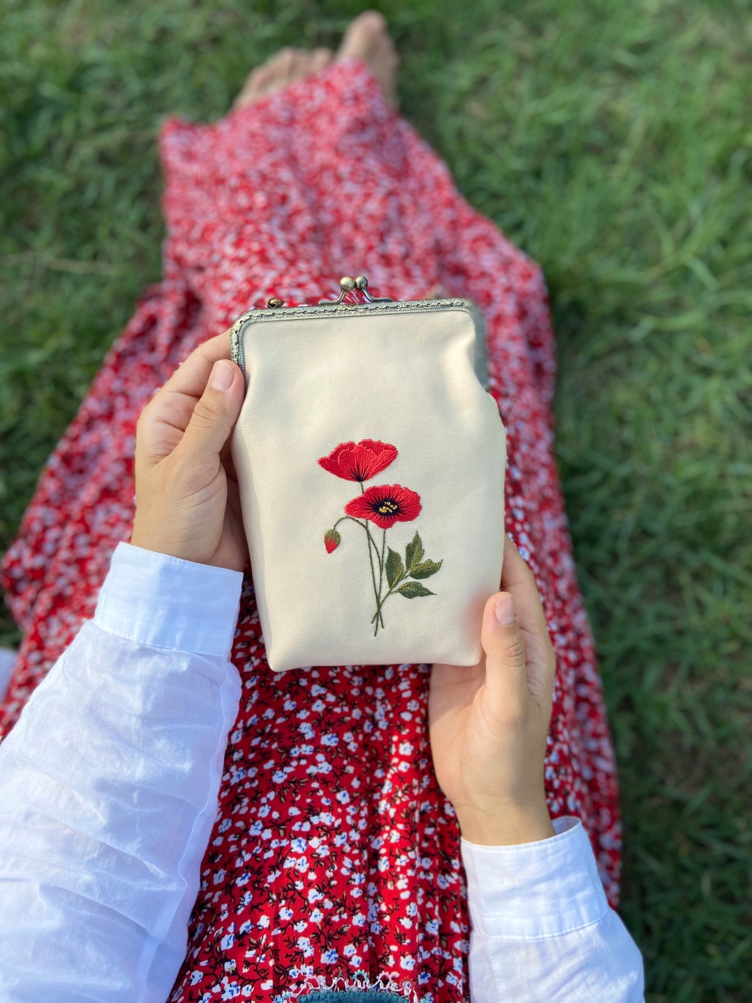 Poppy Hand Embroidered Bag, Red Flower, Embroidered Crossbody Bag ...