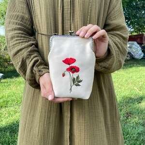 Poppy Hand Embroidered Bag, Red Flower, Embroidered Crossbody Bag ...