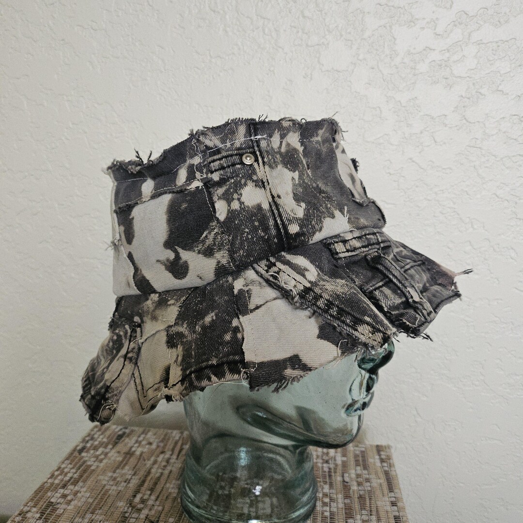 Bucket Hat Distressed Grey Bleached Denim Patches Handmade One of a ...