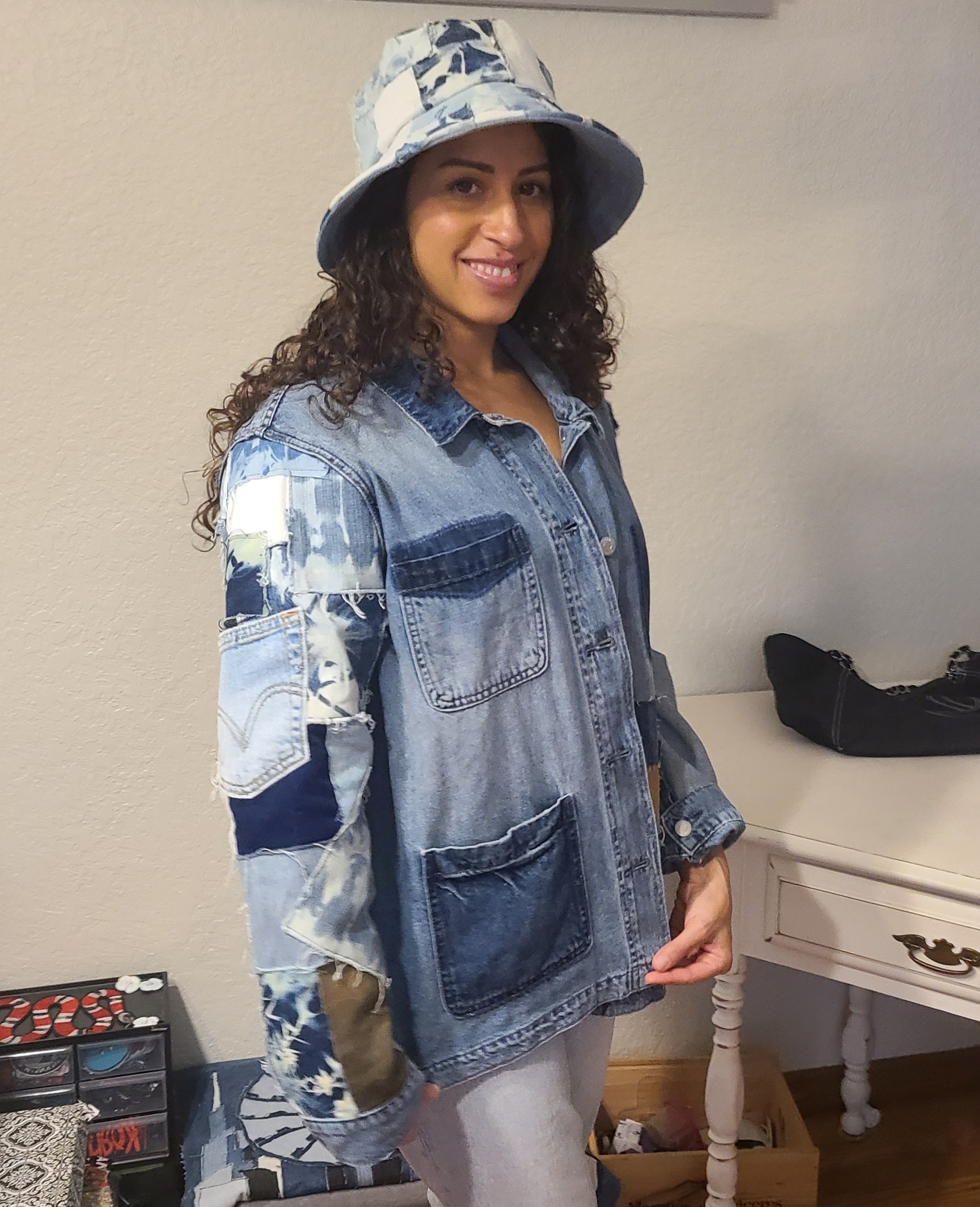 Upcycled/recycled Denim Jean Jacket With Patches on Sleeves - Etsy