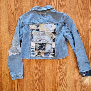 Cropped Denim Jean Jacket With Distressed Patchwork Design Woman's Size ...