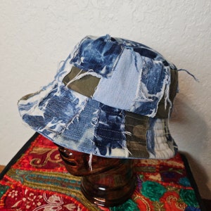 Bucket Hat Denim and Army Camouflage Patches Handmade One of a Kind Hat ...