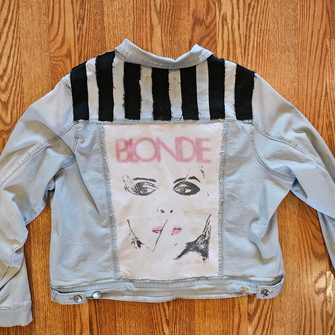 BLONDIE Inspired Denim Jean Jacket Checkered Embroidered Blondie Buttons Black Denim Patches - Etsy